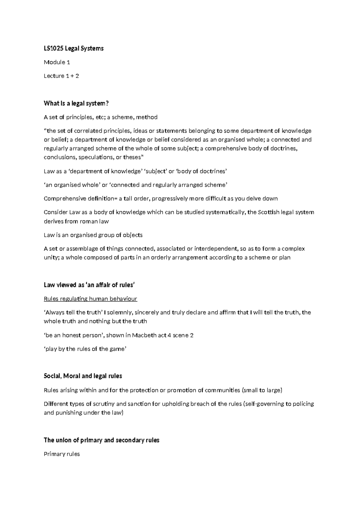 LS1025 Legal Systems M1 L1&2 - Comprehensive Overview of Legal ...