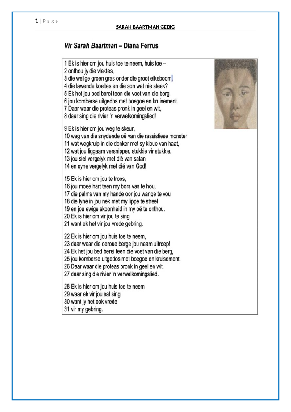SARAH BAARTMAN GEDIG: Bilingual Analysis of Diana Ferrus' Poem - Studocu