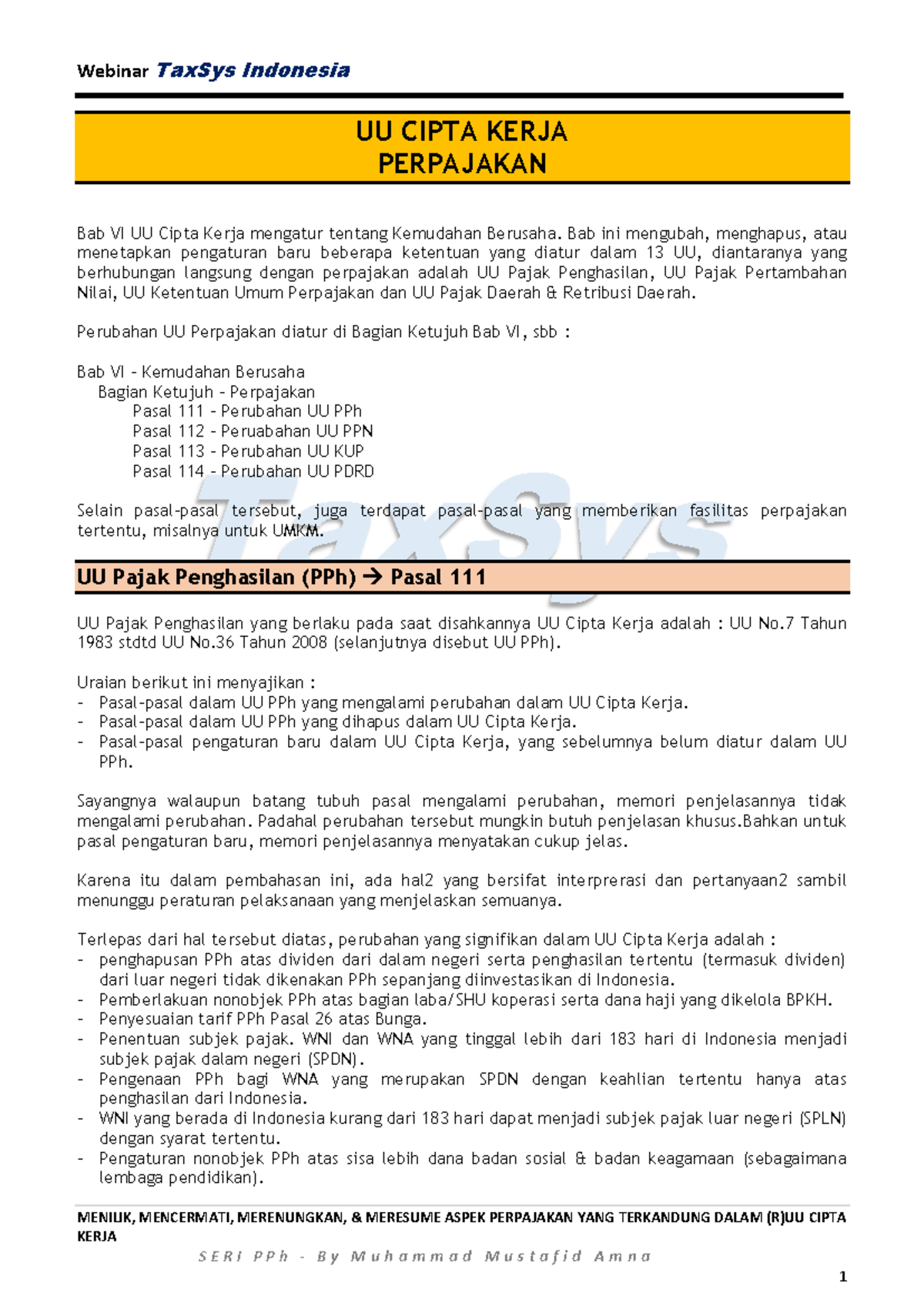 Catatan Webinar TaxSys Indonesia: UU Cipta Kerja dan Aspek Perpajakan PPh - Studocu