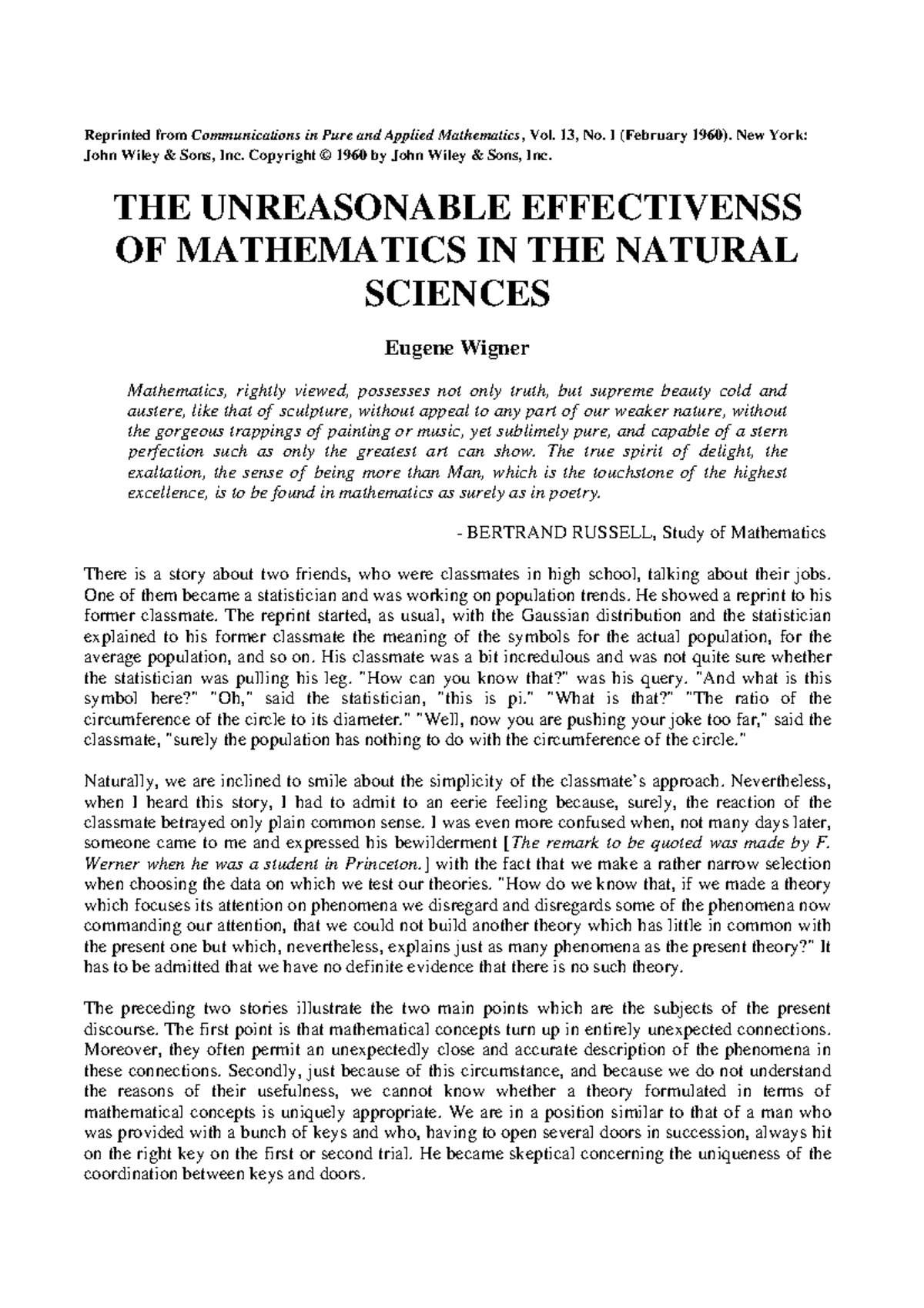 The Unreasonable Effectiveness of Mathematics in Natural Sciences (1960 ...
