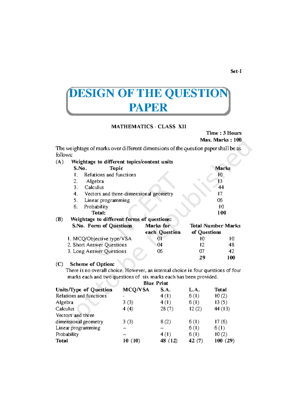 Mathematics Class XII Question Paper Design and Weightage Analysis ...