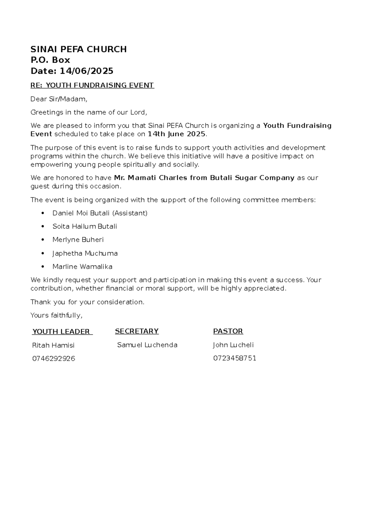 Sinai PEFA Church Youth Fundraising Event Announcement - Studocu