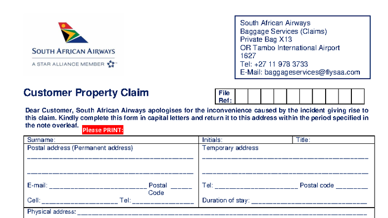 SAA Claim Form AW631 - Baggage Services Procedure Guide - Studocu