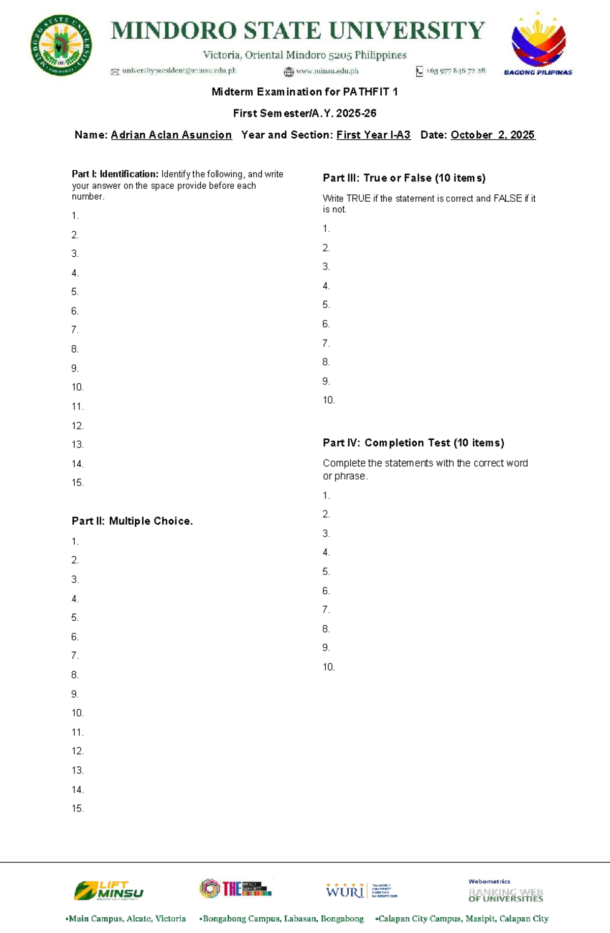 Midterm Exam Answer Sheet for PATHFIT 1 AY 25-26 - Studocu