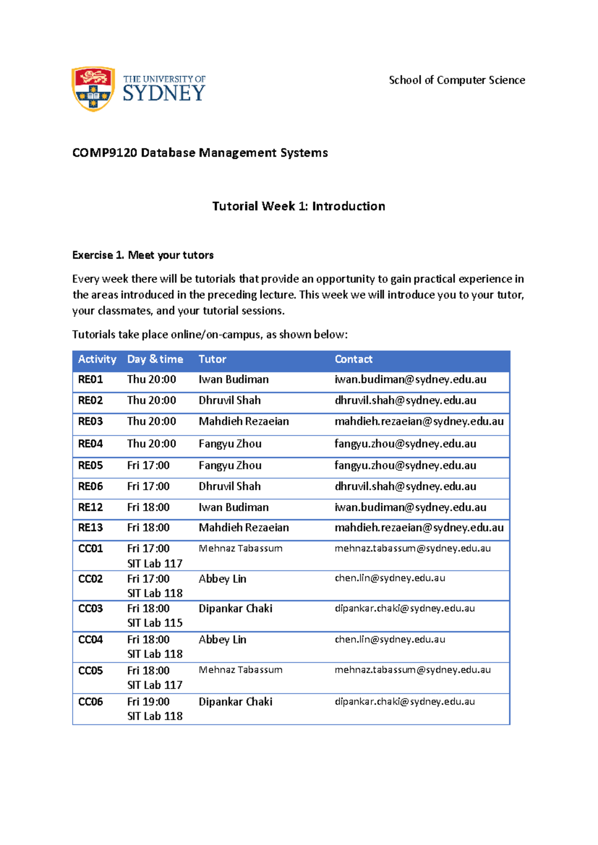 W1 Introduction tutorial - School of Computer Science COMP9120 Database ...