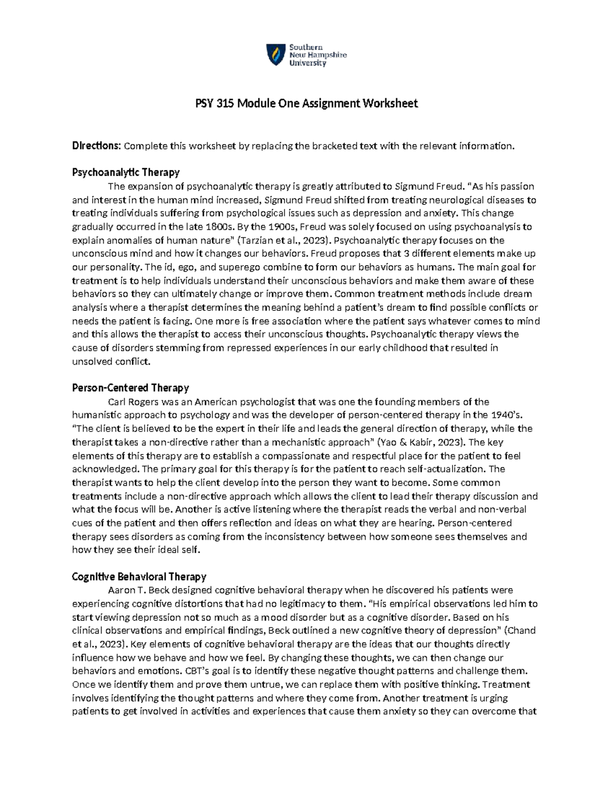 PSY 315 Module One Assignment: Psychoanalytic & Cognitive Therapies ...