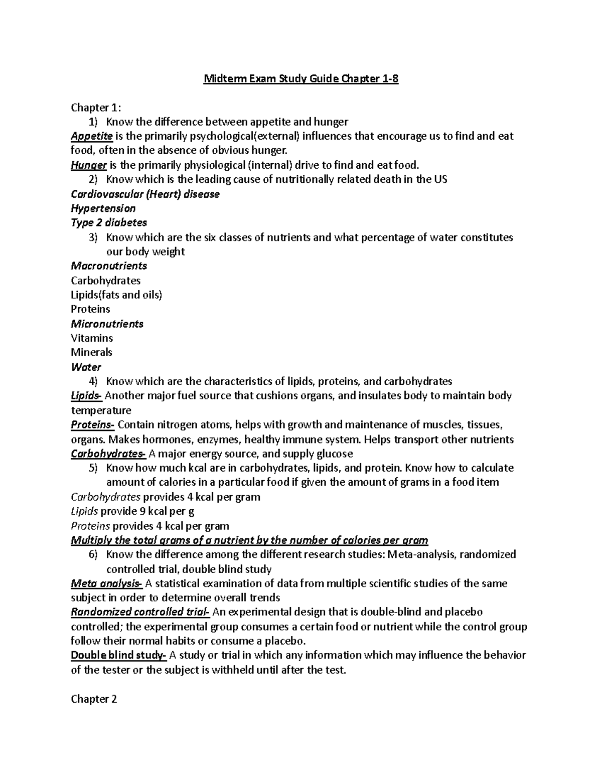 Nutrition 101 - Midterm Study Guide for Chapters 1-8 - Studocu