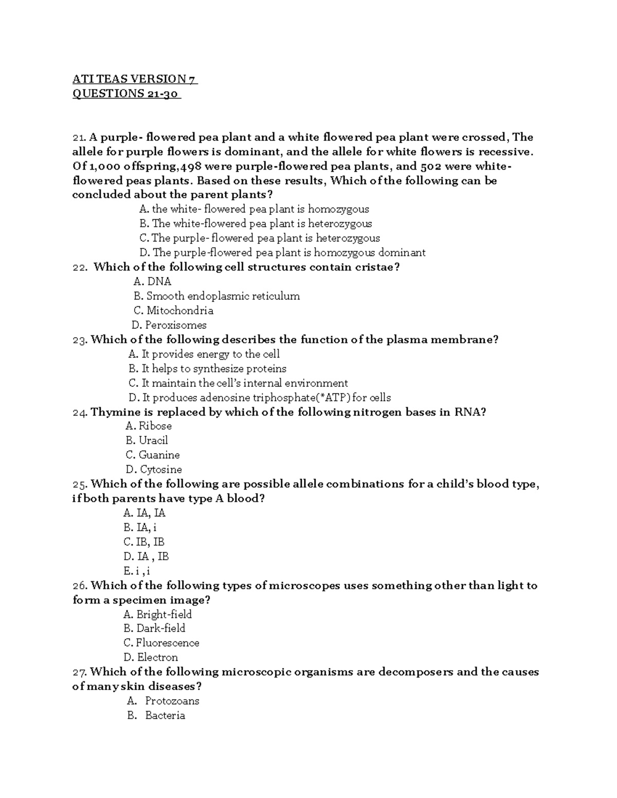ATI TEAS Version 7 Science Practice Exam Questions & Answers - Studocu