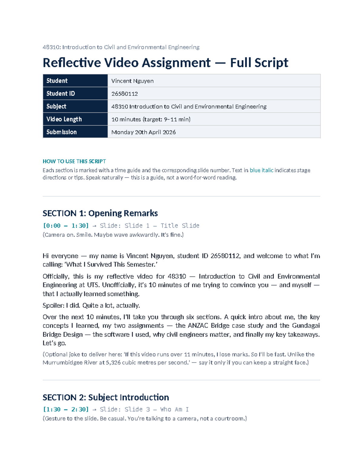 48310: Reflective Video Script for Civil & Environmental Engineering ...