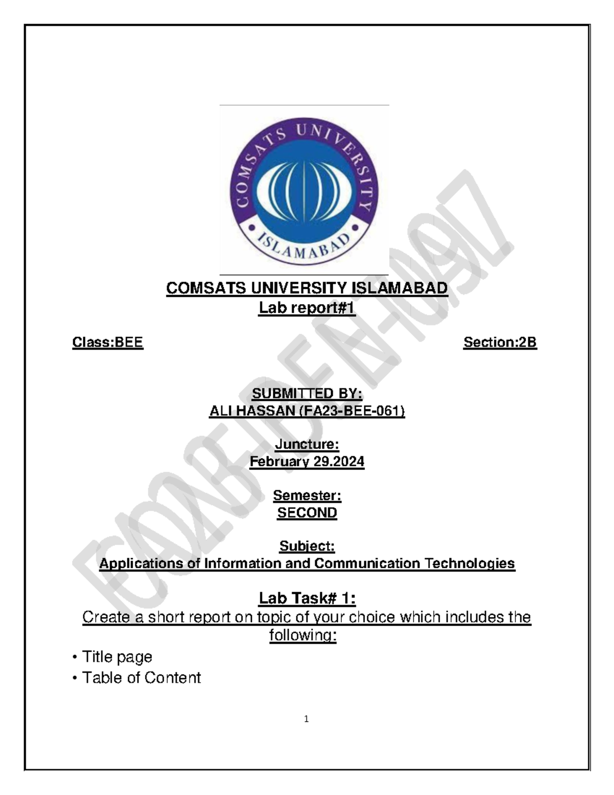 Lab 1 061 - Lab work - COMSATS UNIVERSITY ISLAMABAD Lab report# Class ...