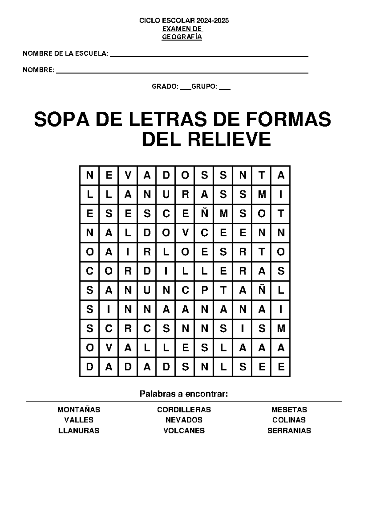 Sopa de Letras: Formas del Relieve - Examen de Geografía 2024-2025 ...