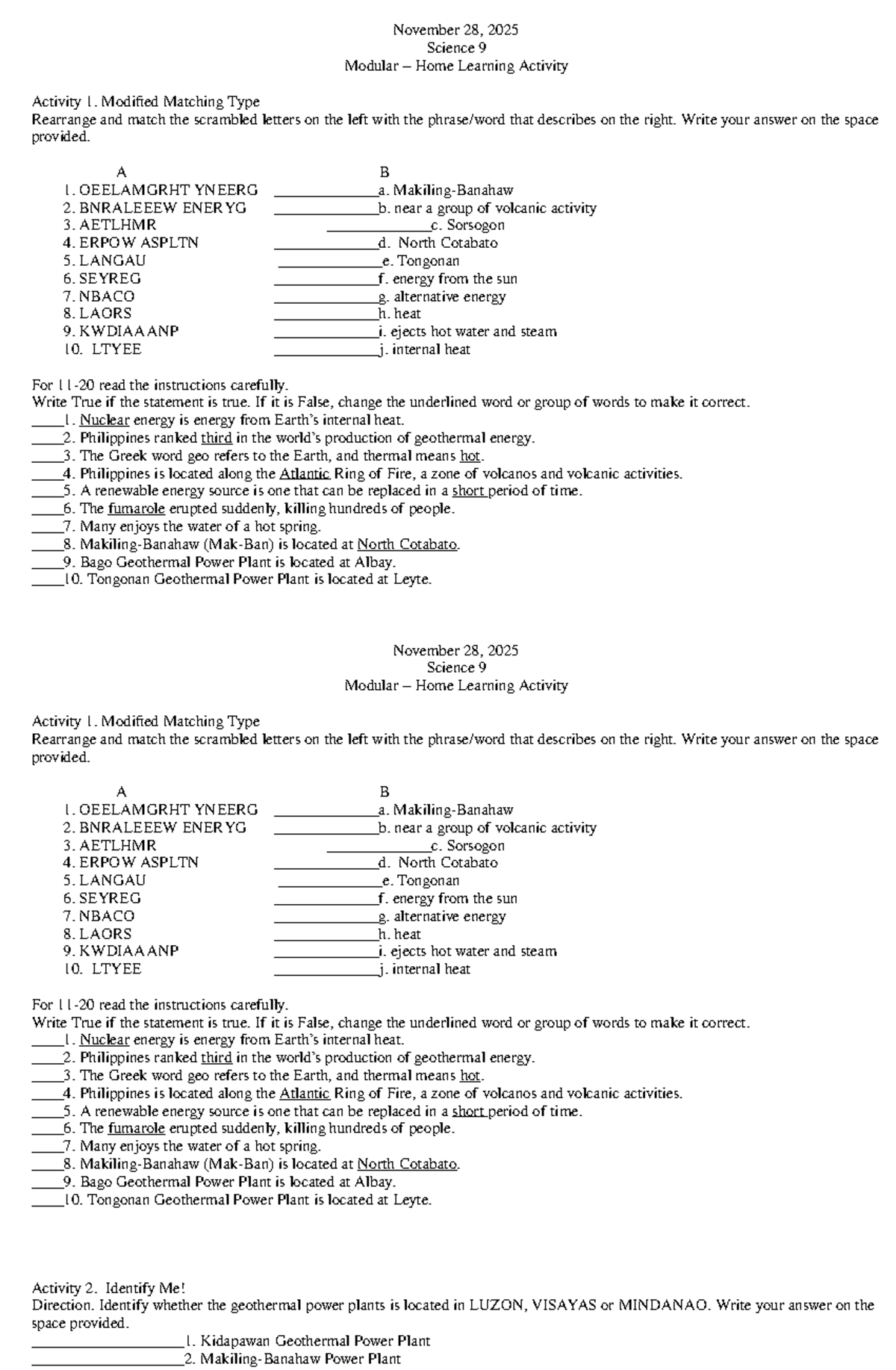 Science 9 Modular Home Learning Activity: Geothermal Energy Insights ...