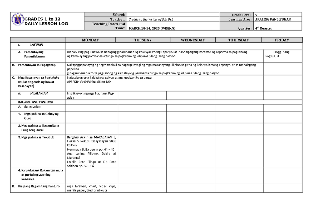 Grade 5 DLL Araling Panlipunan 5 Q4 Week 5 - GRADES 1 to 12 DAILY LESSON LOG School: Grade Level ...