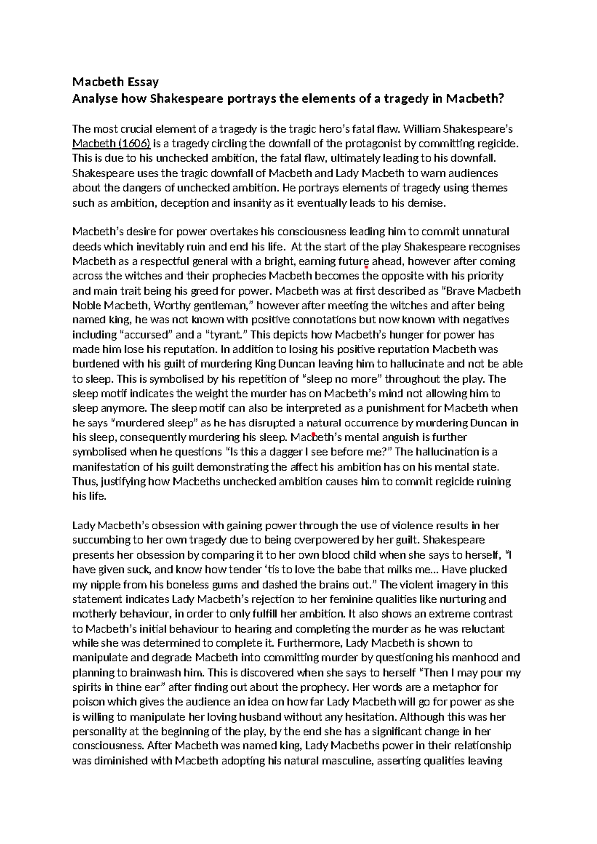 Macbeth Essay (ENG 101): Analyzing Tragic Elements in Shakespeare's ...