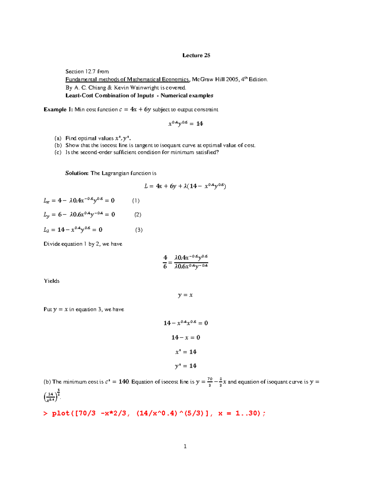Lecture 25, Least-Cost Combination of Inputs - Numerical examples - Lecture 25 Section 12 from ...