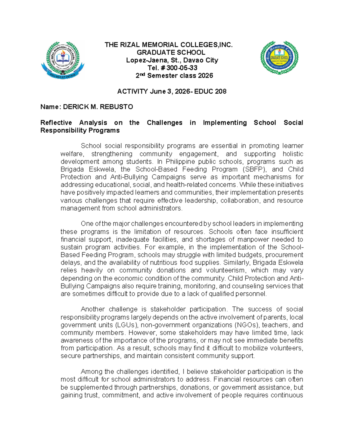 Reflective Analysis on School Social Responsibility Programs - EDUC 208 ...