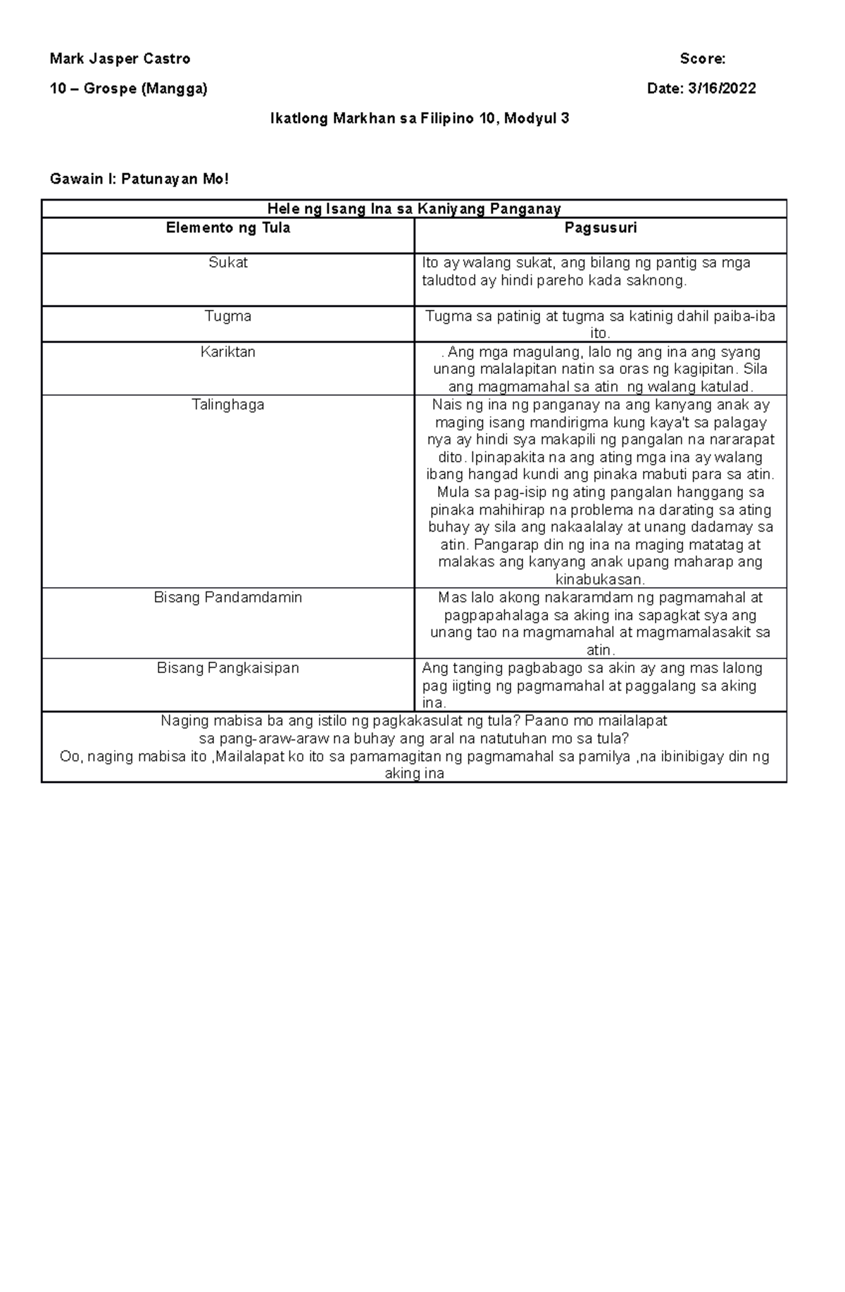 Filipino 10, Q3 WEEK 3 - Mark Jasper Castro Score: 10 – Grospe (Mangga ...