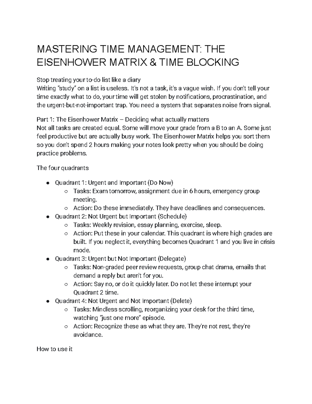 MASTERING TIME MANAGEMENT: EISENHOWER MATRIX & TIME BLOCKING - Studocu