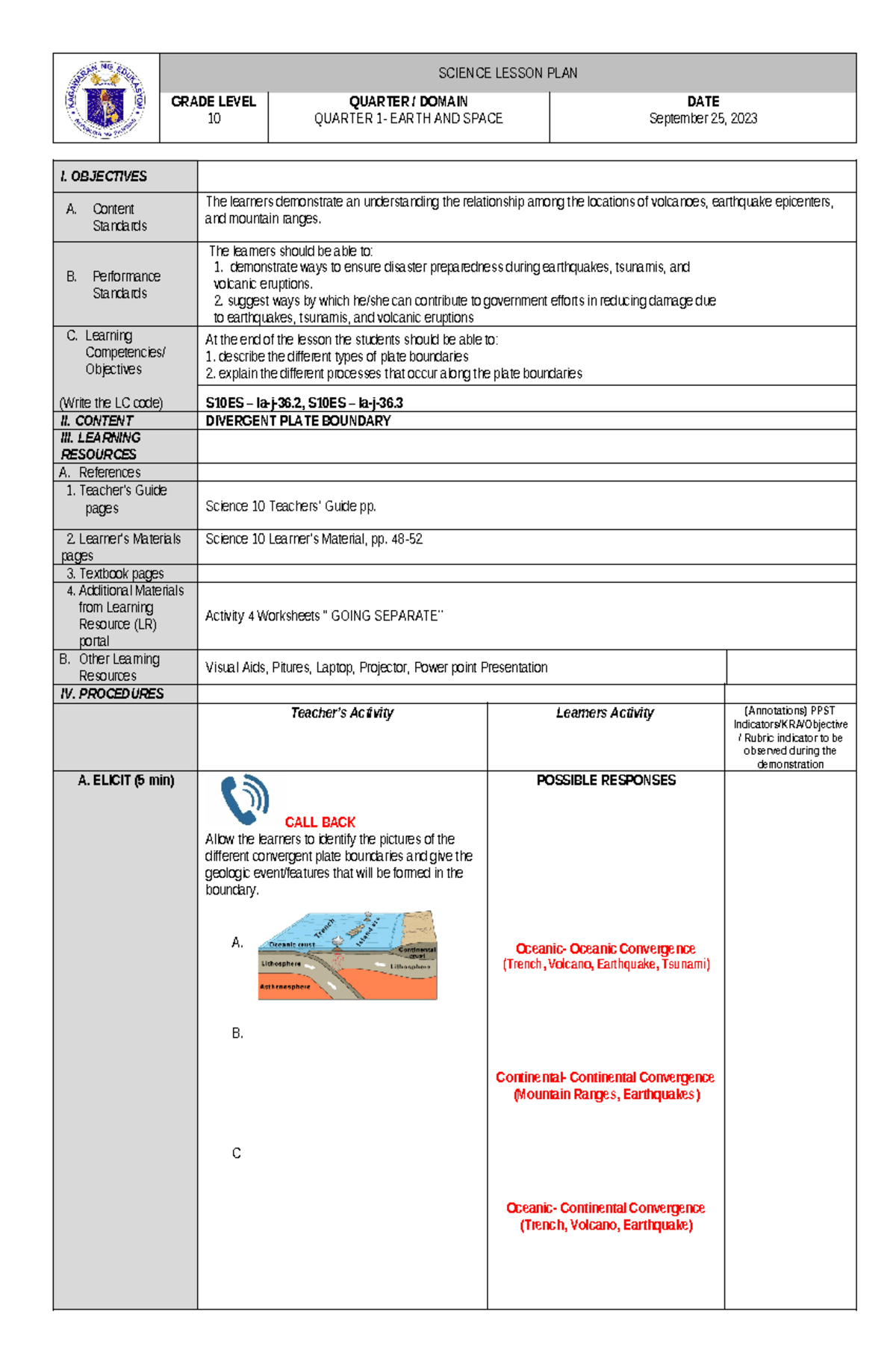 COT DLP Lesson Plan on Divergent Plate Boundaries for Grade 10 - Studocu