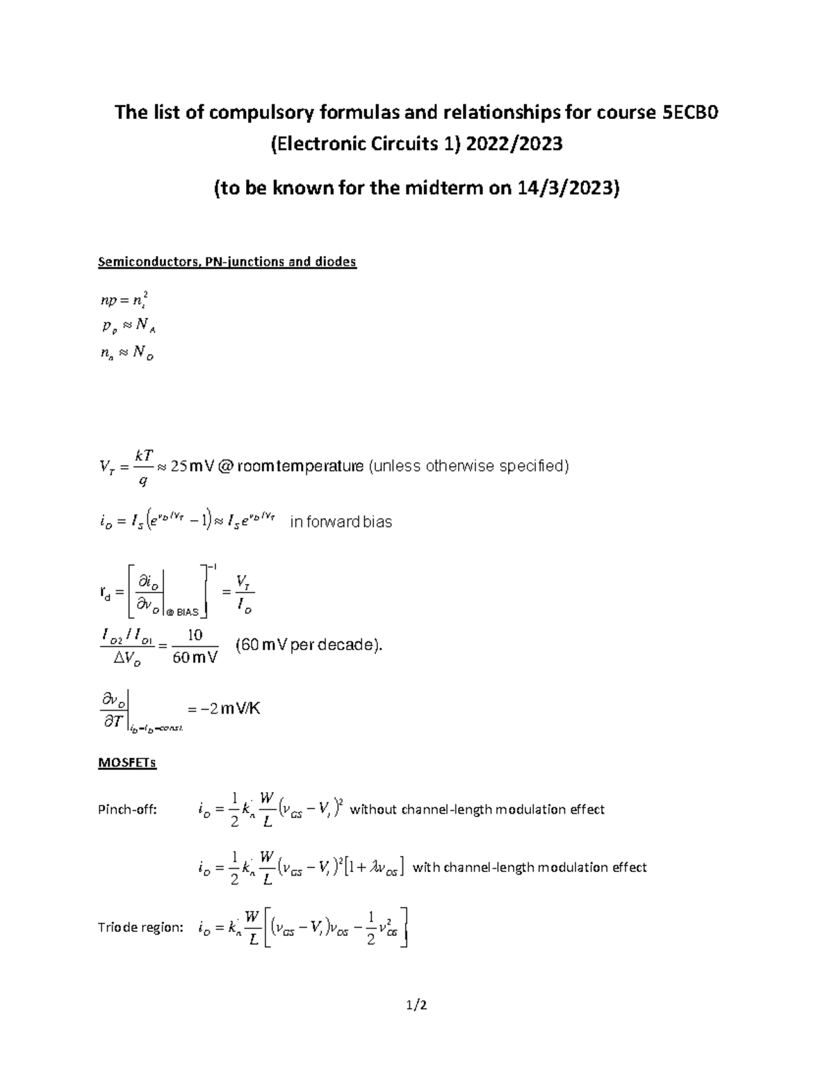 Compulsory Formulas for Midterm 5ECB2 in Electronic Circuits 2022-2023 - Studeersnel