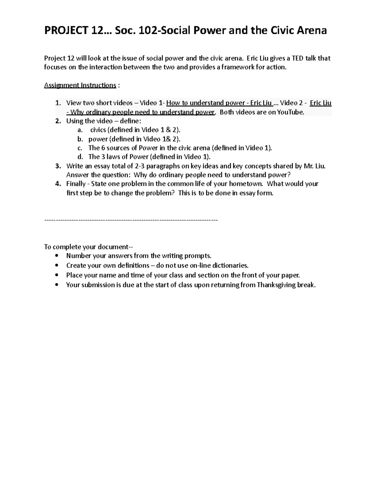 Project 12 - Social Power-Assign - PROJECT 12... Soc. 102-Social Power ...