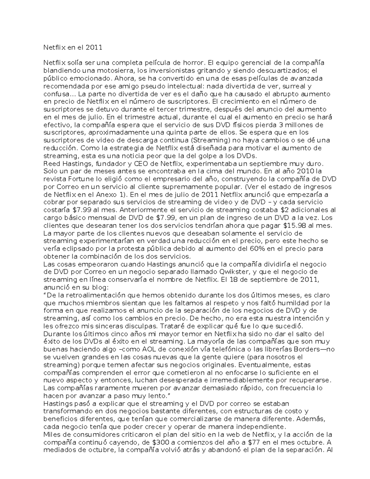 617S10-LEC-SPA Análisis de Netflix en 2011 y su Transformación - Studocu