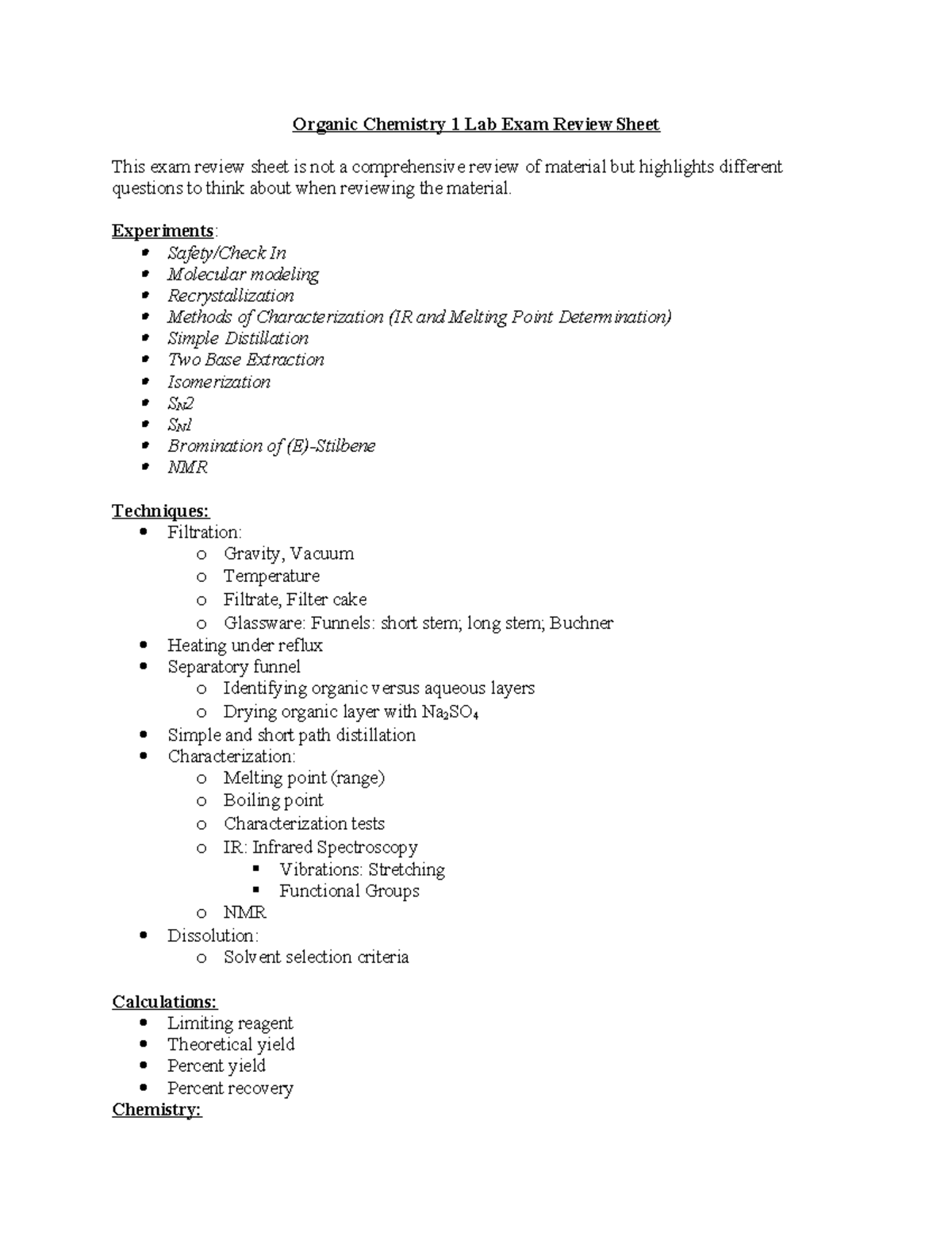 Organic Chemistry 1 Lab Final Exam Review Sheet: Key Concepts ...