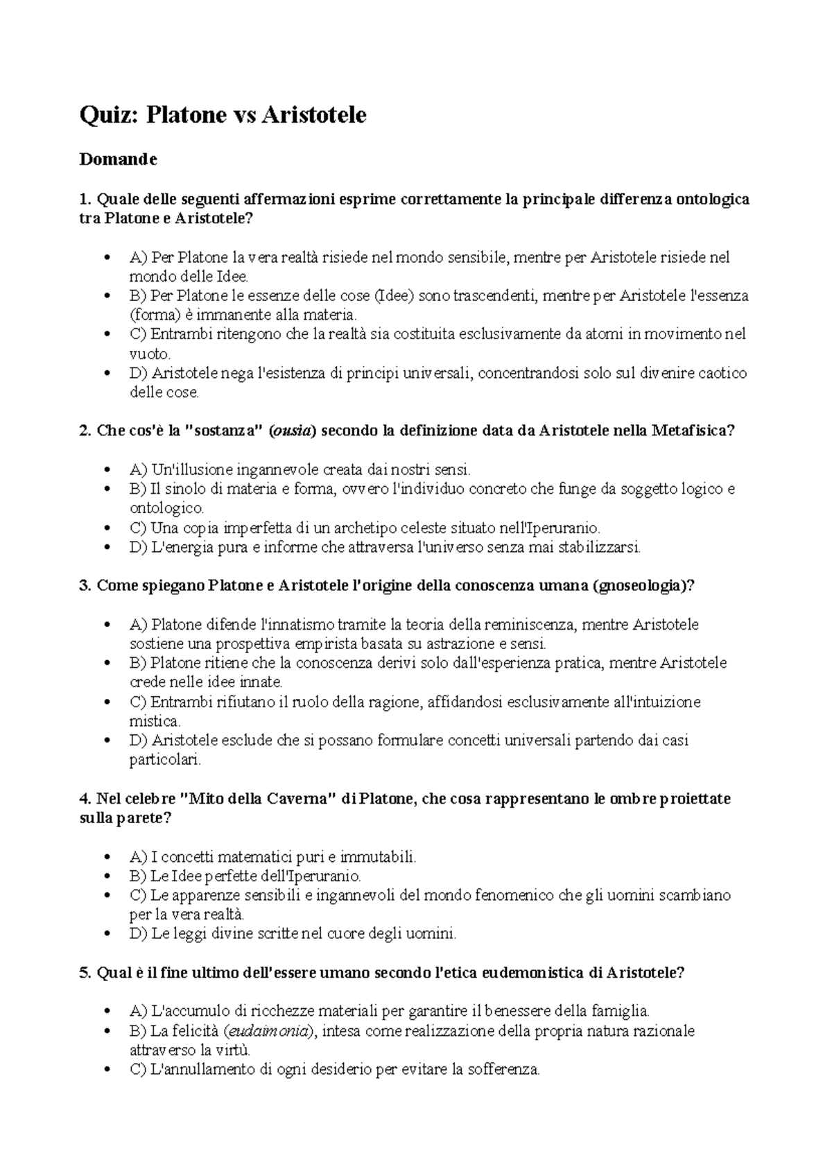 Quiz: Platone vs Aristotele - Domande e Risposte - Studocu