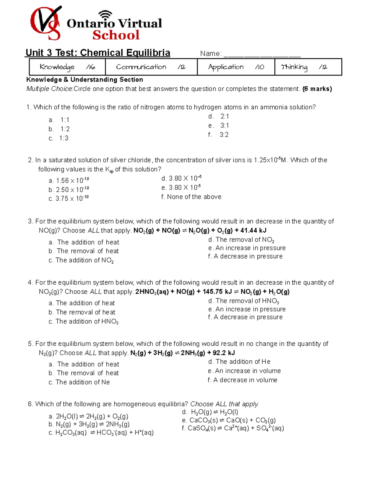 Unit 3 Test-Chemical Equilibria AS - Unit 3 Test: Chemical Equilibria ...
