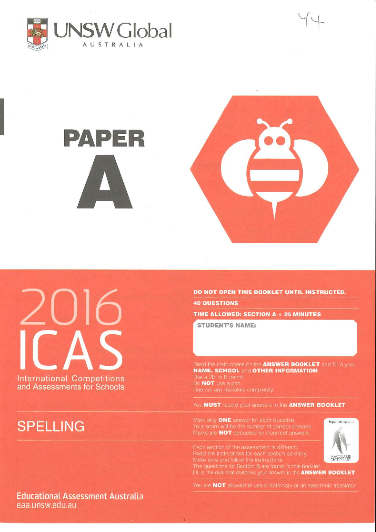 ICAS Spelling Paper 2016 - Year 3/4 Assessment - Studocu