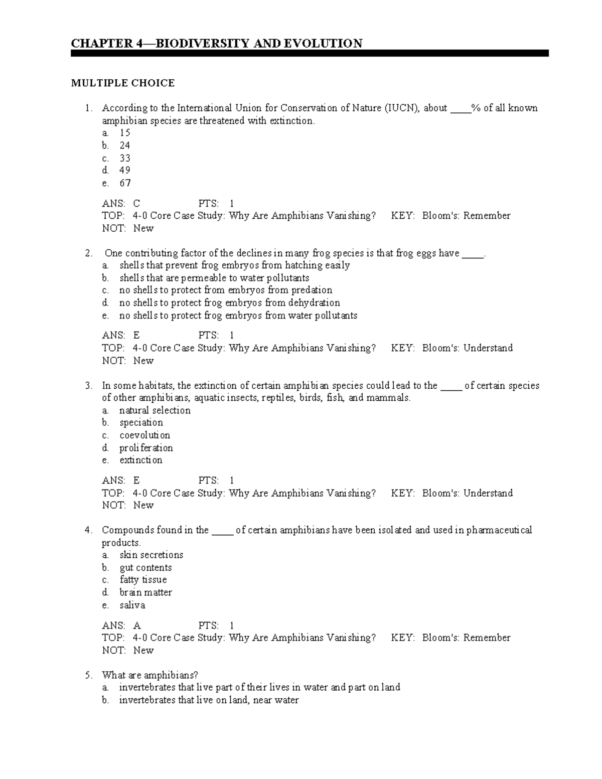 CH4: Evolution & Biodiversity - Multiple Choice Questions and Answers ...