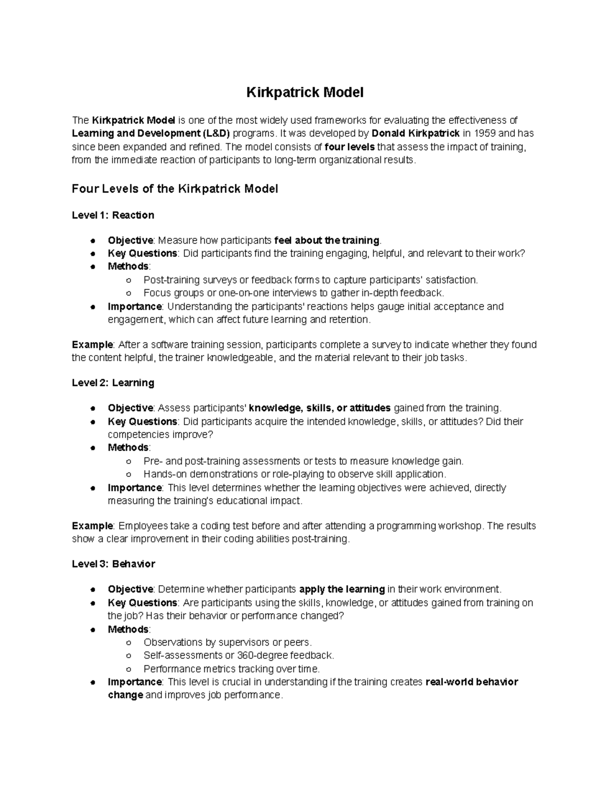 Kirkpatrick Model Overview: Evaluating L&D Program Effectiveness - Studocu