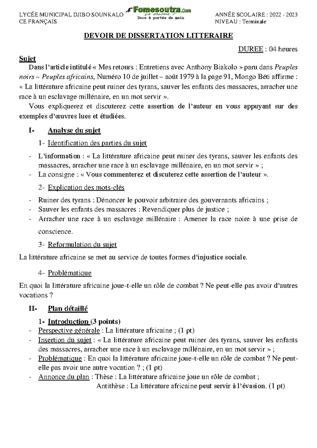 Devoir de Dissertation Littéraire Tle : La Littérature Africaine comme Combat - Studocu