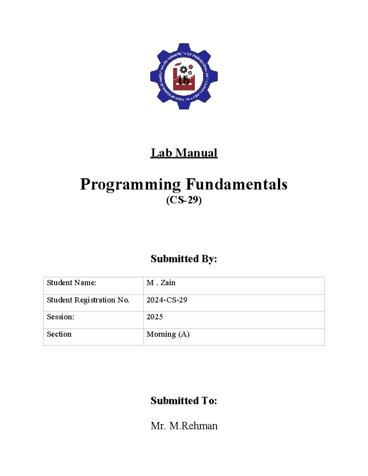 Lab Manual: Programming Fundamentals (CS101) - Key Learnings & Tasks - Studocu