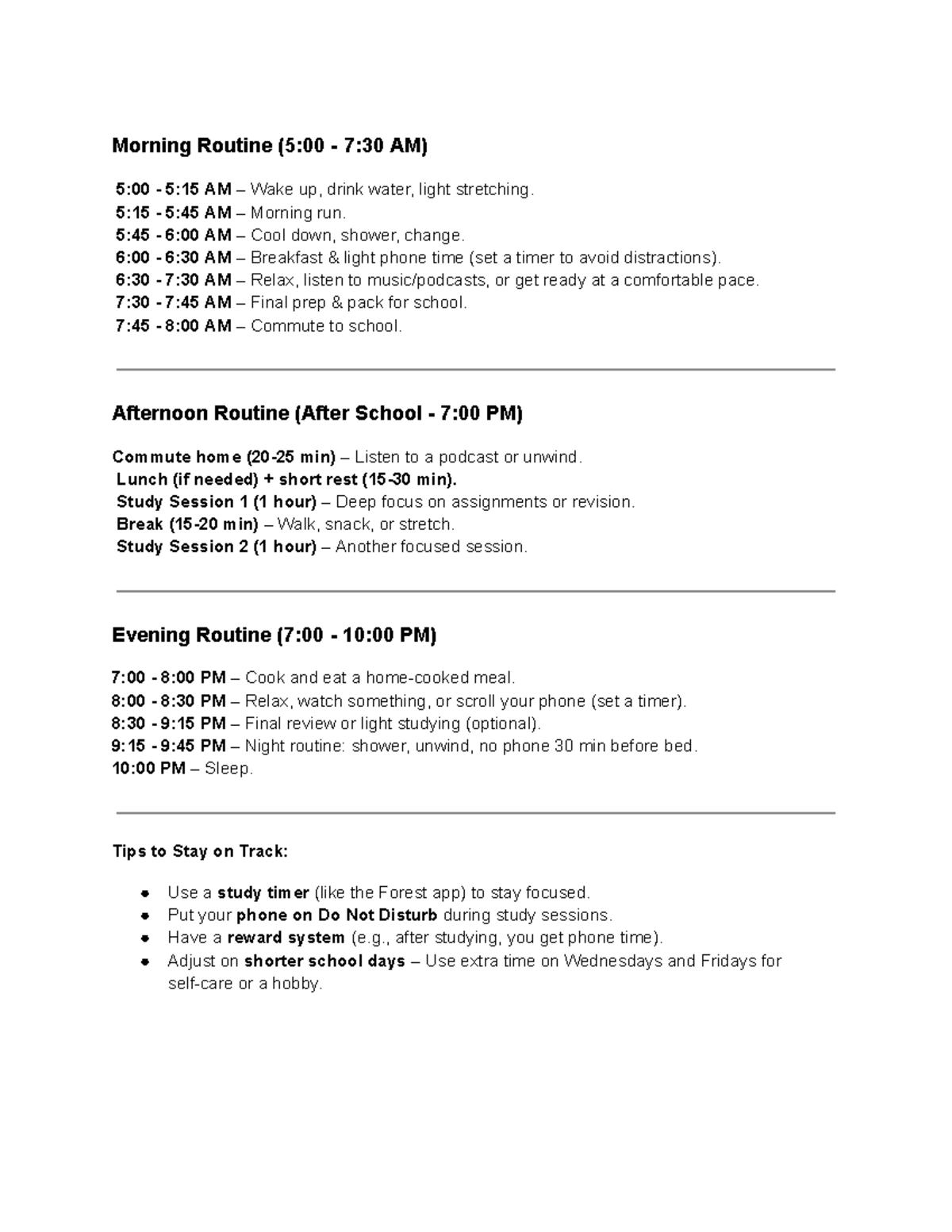 Daily routine schedule: Morning, afternoon, and evening activities ...