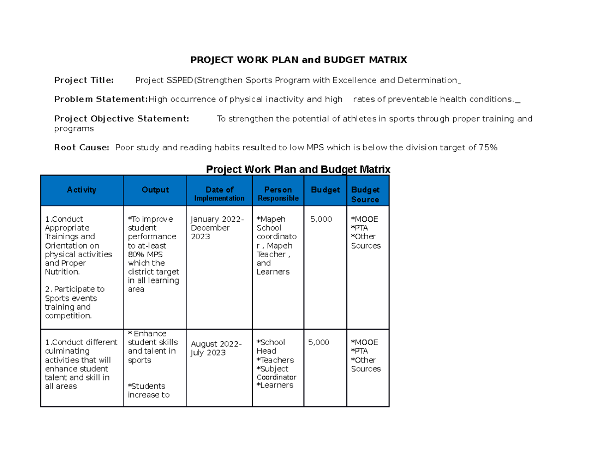 Project SSPED: Work Plan & Budget Matrix for Sports Excellence - Studocu