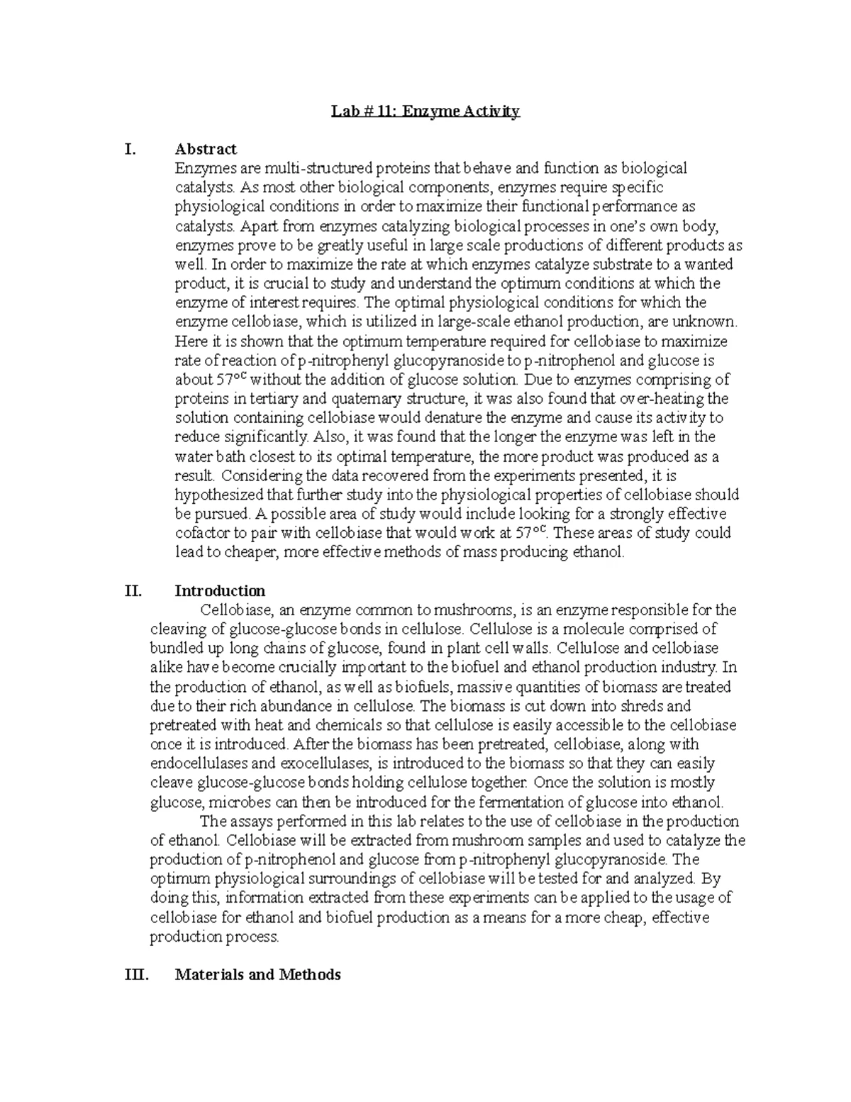 Enzyme Activity Lab Report - Lab # 11: Enzyme Activity I. Abstract ...
