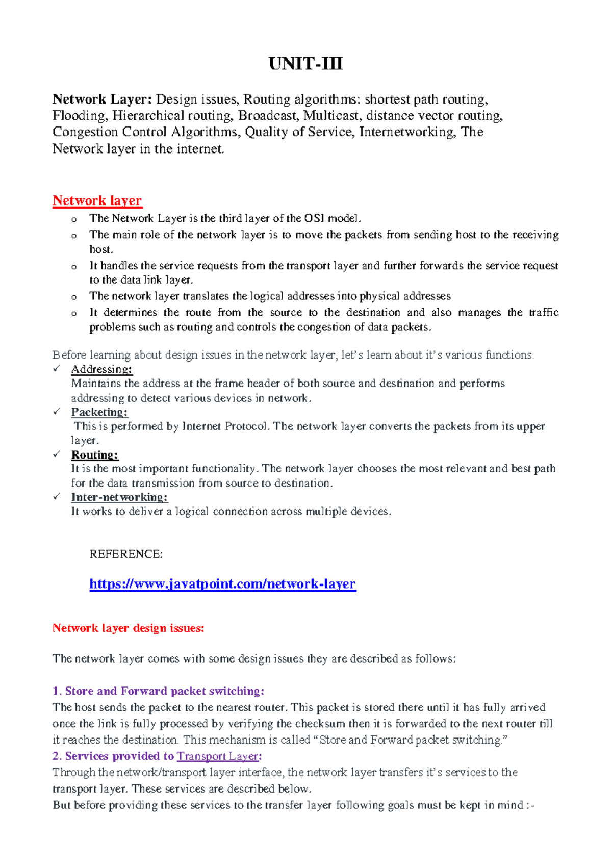 UNIT-III: Network Layer Design Issues & Shortest Path Algorithms - Studocu