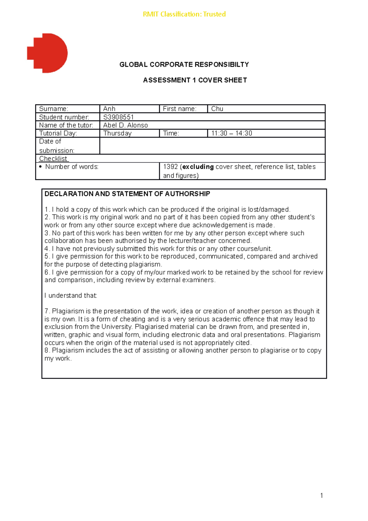 BUSM4692 -asm1 - ádsadsd - GLOBAL CORPORATE RESPONSIBILTY ASSESSMENT 1 ...
