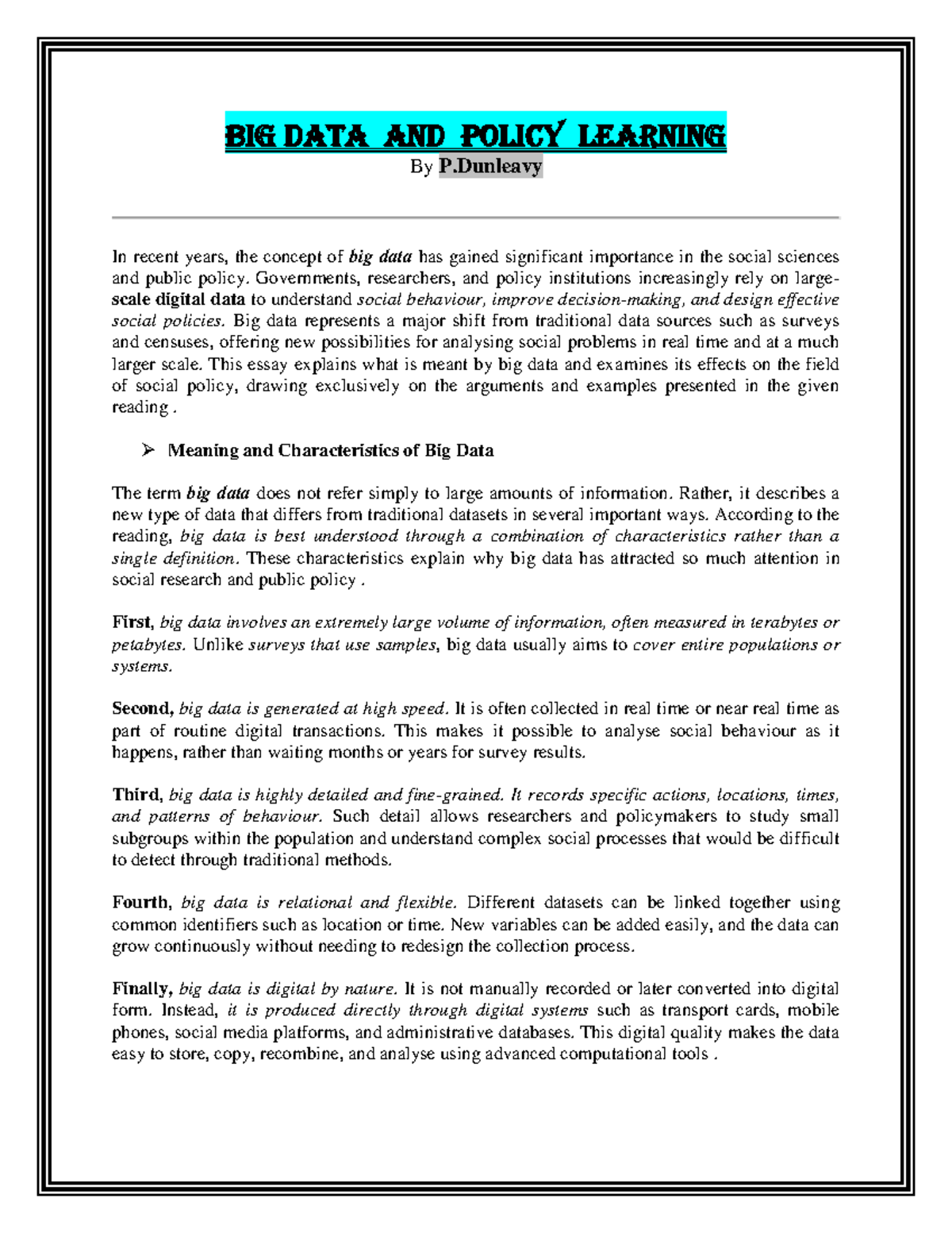 S.P (C.14) Sem V: Big Data's Impact on Social Policy Analysis - Studocu