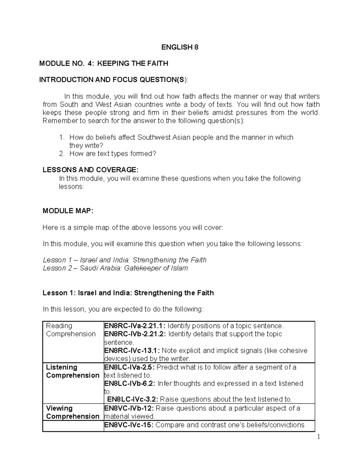S8.1 Grade 8 English Q4 Module - 1 ENGLISH 8 MODULE NO. 4: KEEPING THE ...