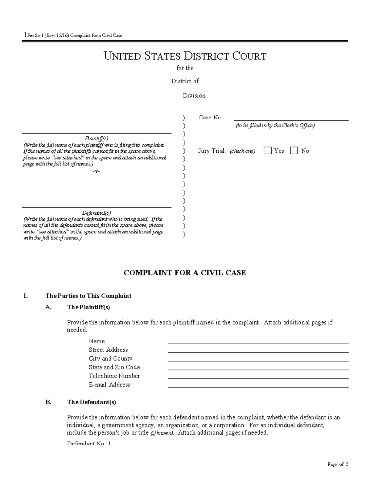 Rev. Complaint for Civil Case - Pro Se 1 Form - Studocu