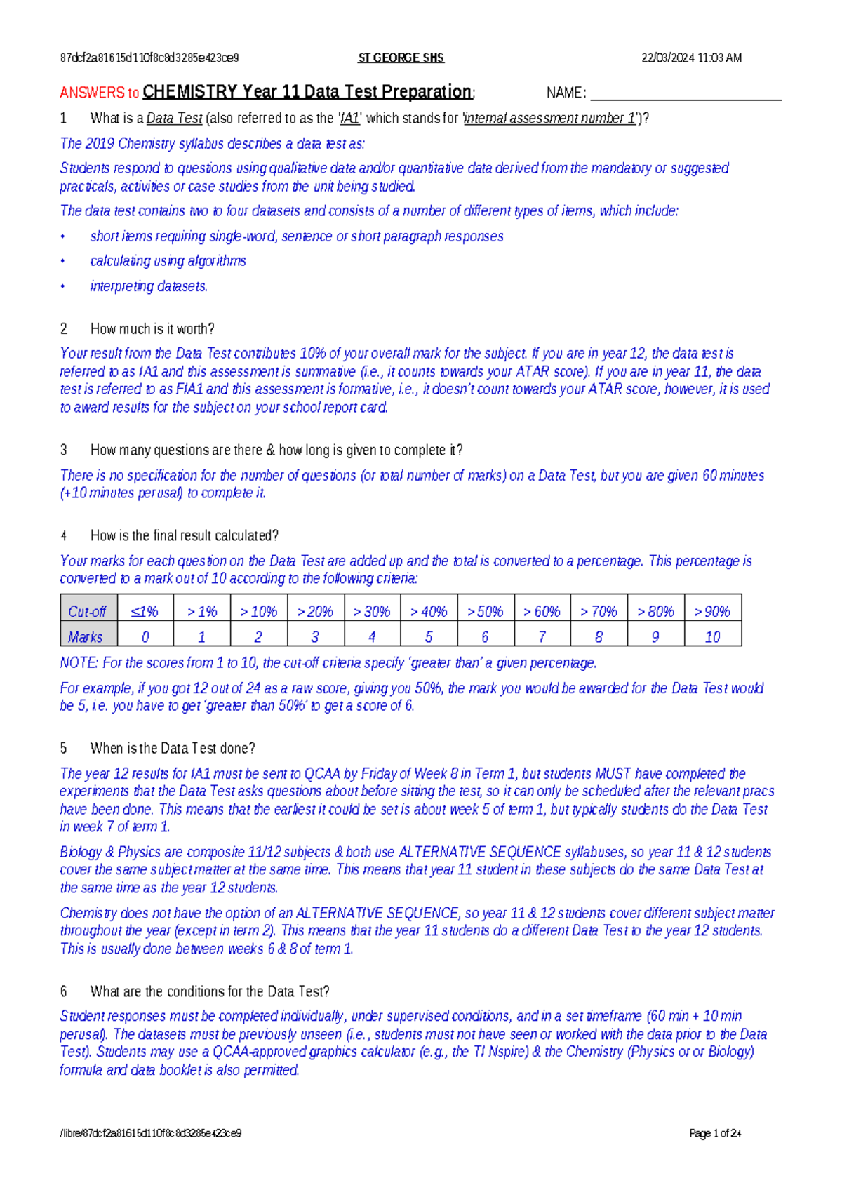 Chem U1 Yr11 FIA1 Data Test Prep: Practice Answers & Insights - Studocu