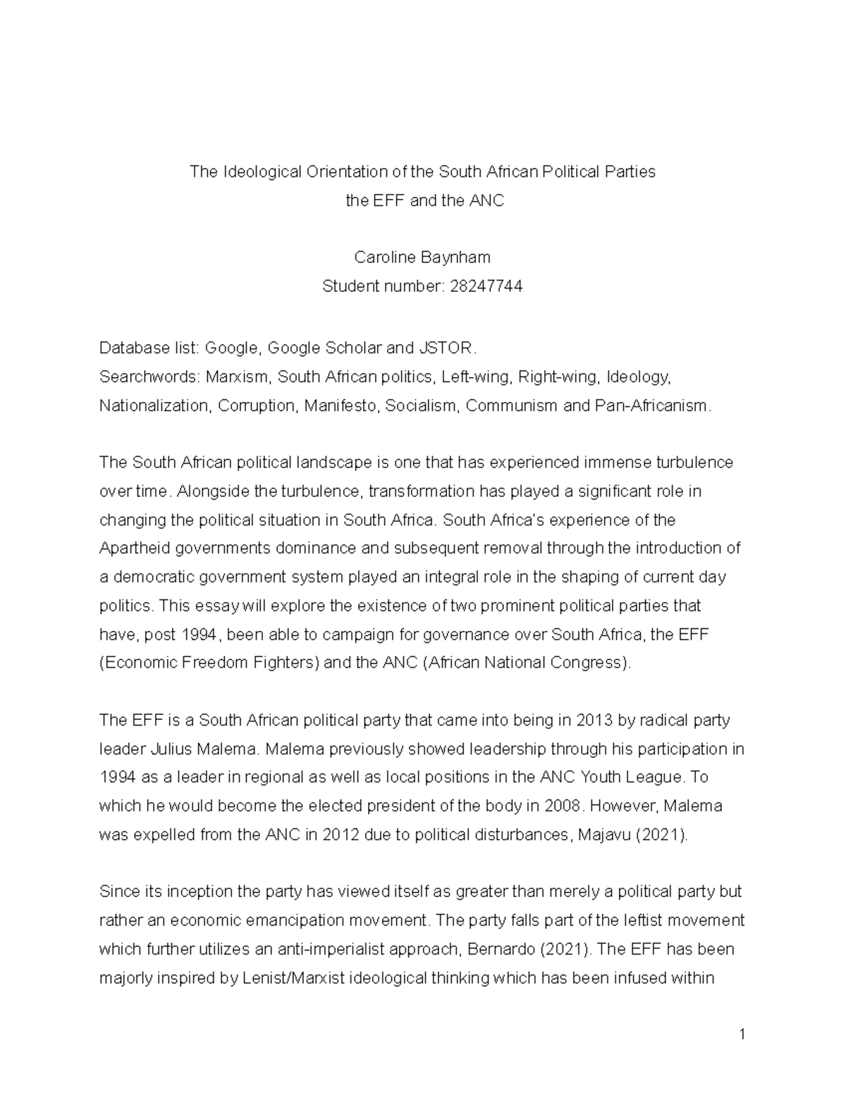 Politics - Essay on South African Party Systems: EFF vs ANC - Studocu