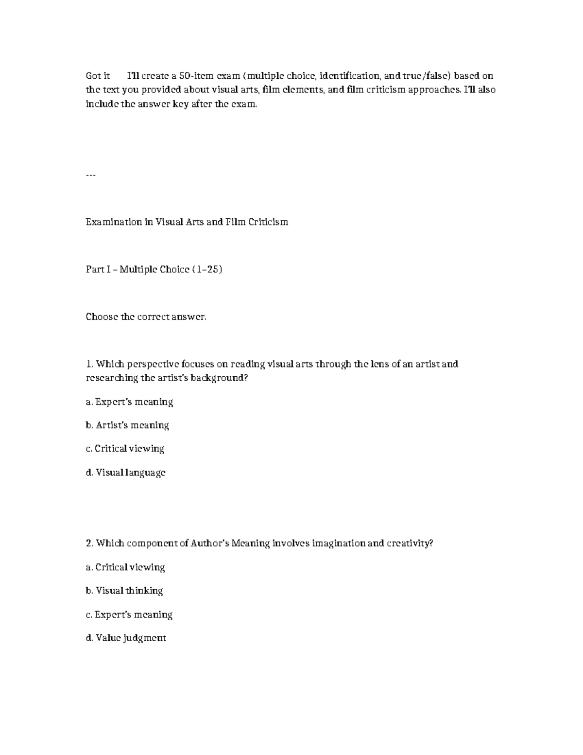 Visual Arts & Film Criticism Exam (Multiple Choice & ID) - Studocu