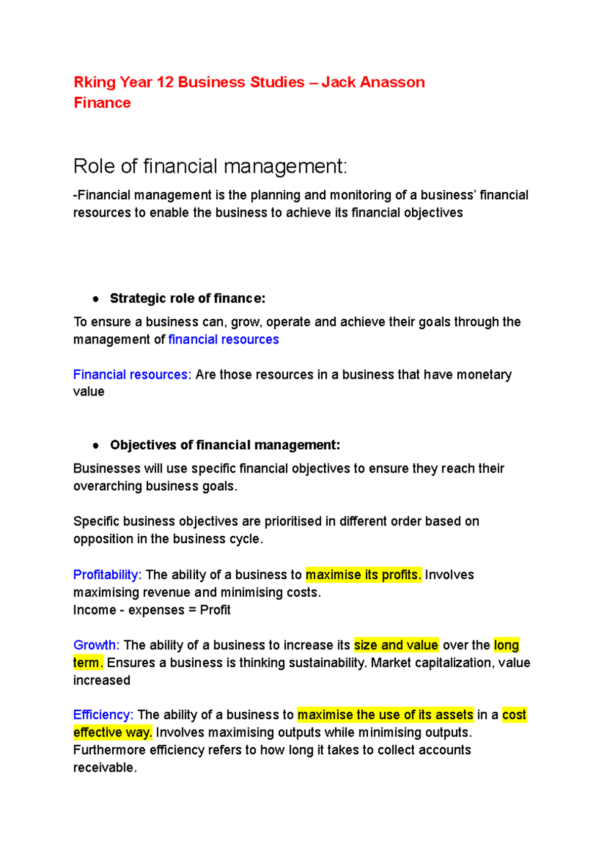 Finance Business Studies HSC 2024: Role of Financial Management ...