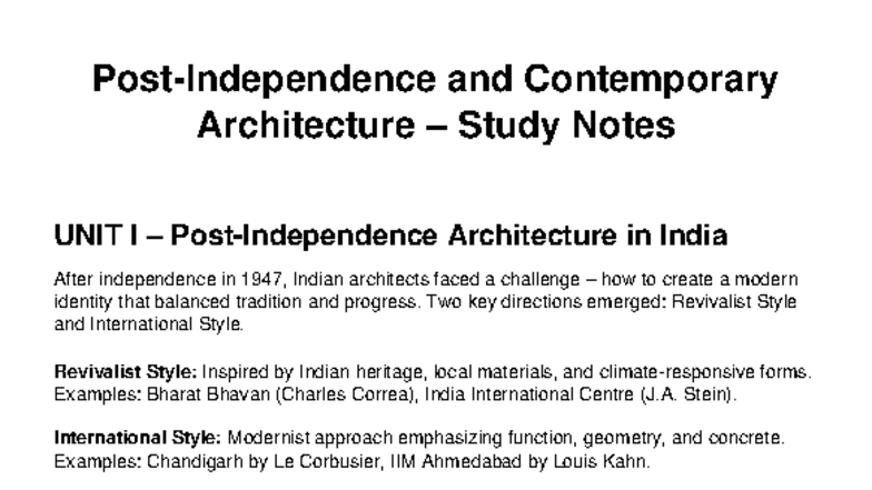 Post-Independence Architecture in India: Study Notes (ARCH 101) - Studocu