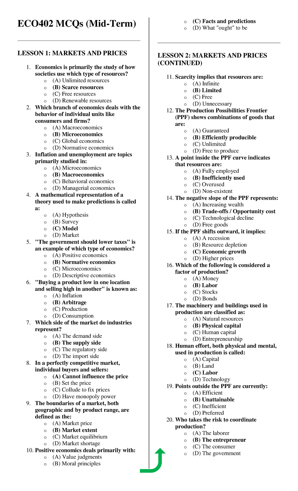 ECO402 MCQs: Markets, Prices, and Consumer Behavior Lessons - Studocu