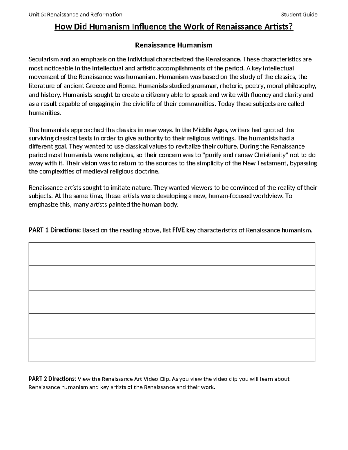 Unit 5: Renaissance Humanism in Art Student Guide - Studocu