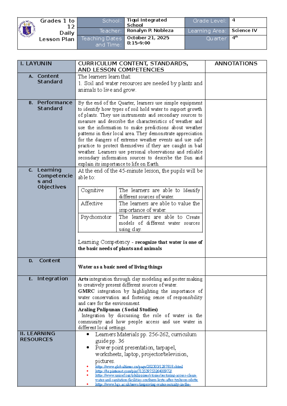 TIII - Daily Lesson Plan: Water as a Basic Need for Grade 4 Science ...